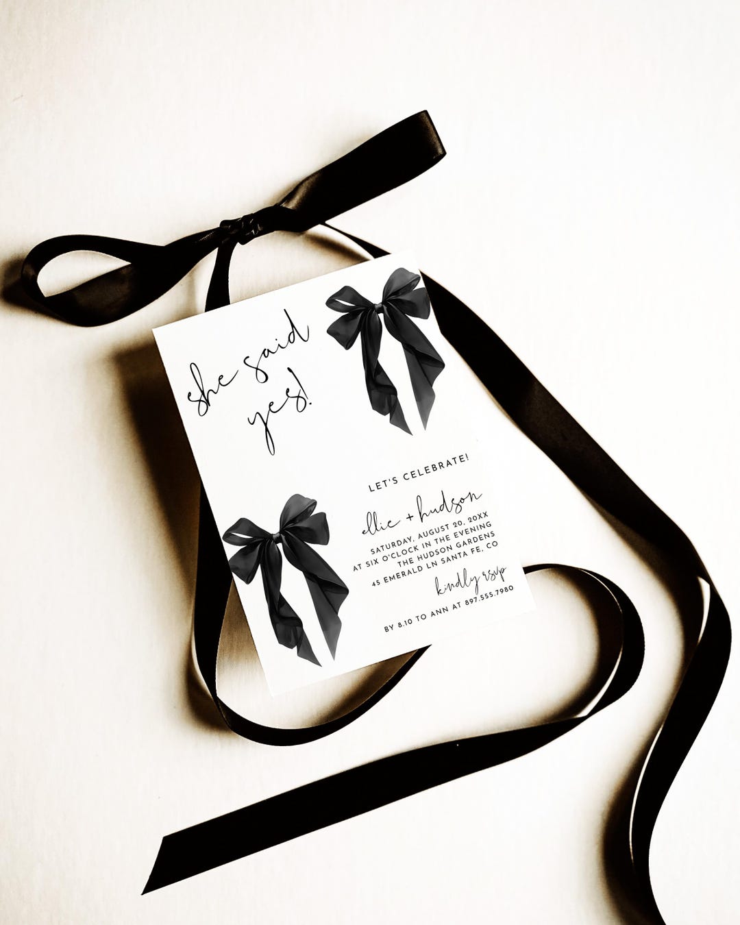 Black Bow Engagement Party Invitation Modern She Said Yes Invite ...