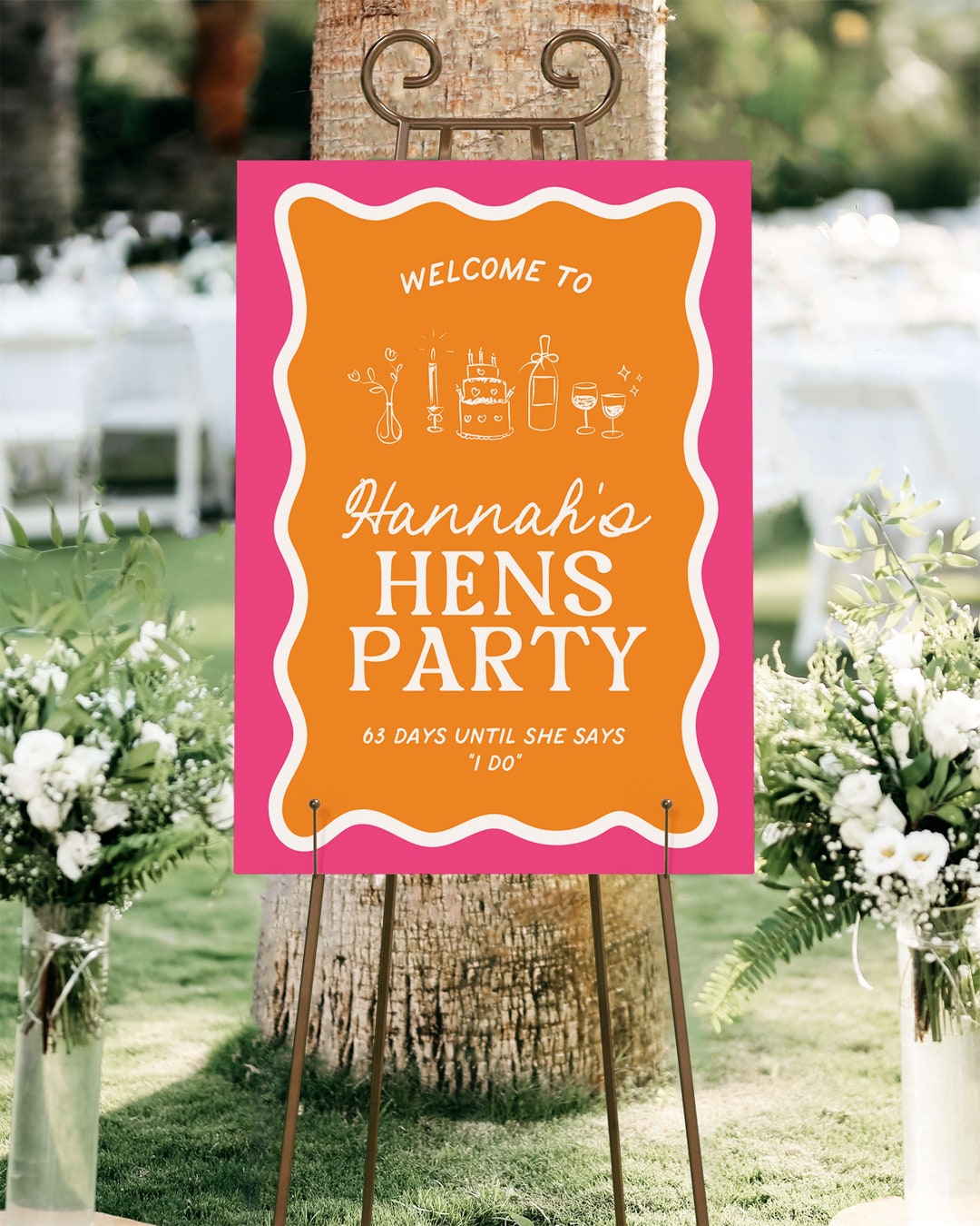 Orange and Pink Hens Party Welcome Sign Template Wavy Border ...