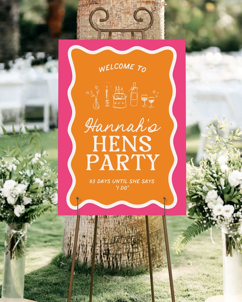 Orange and Pink Hens Party Welcome Sign Template Wavy Border ...