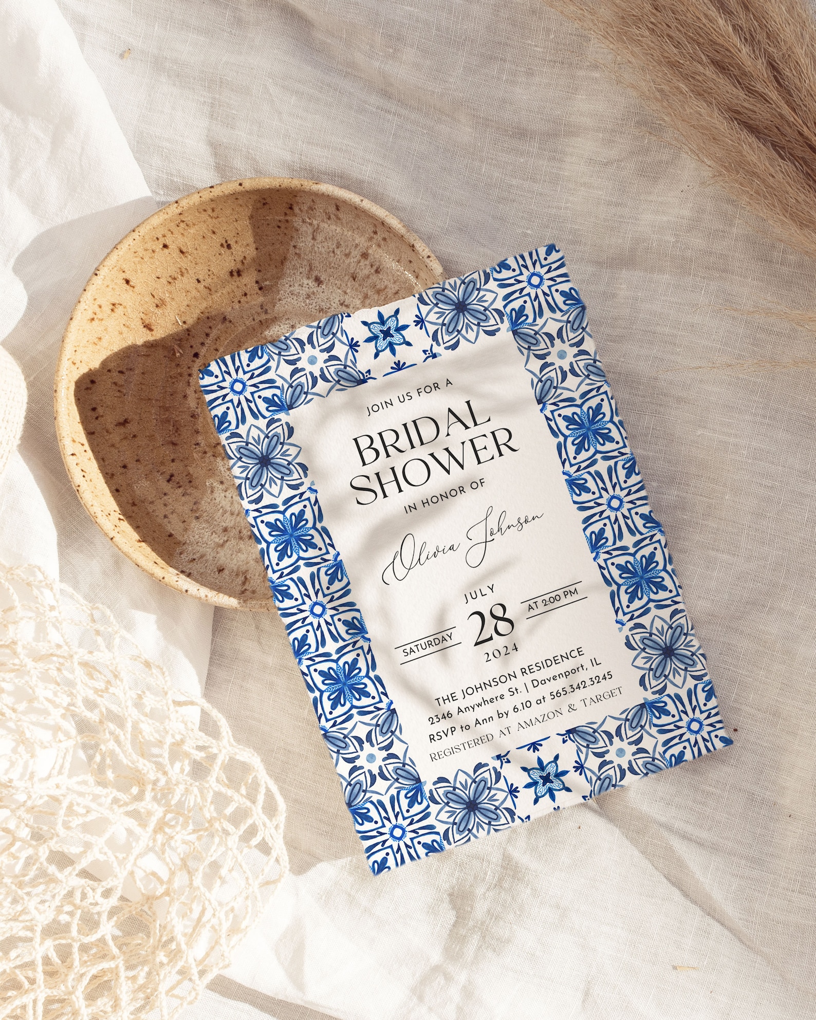 Mediterranean Tile Bridal Shower Invitation Template, Dark Blue Italian ...