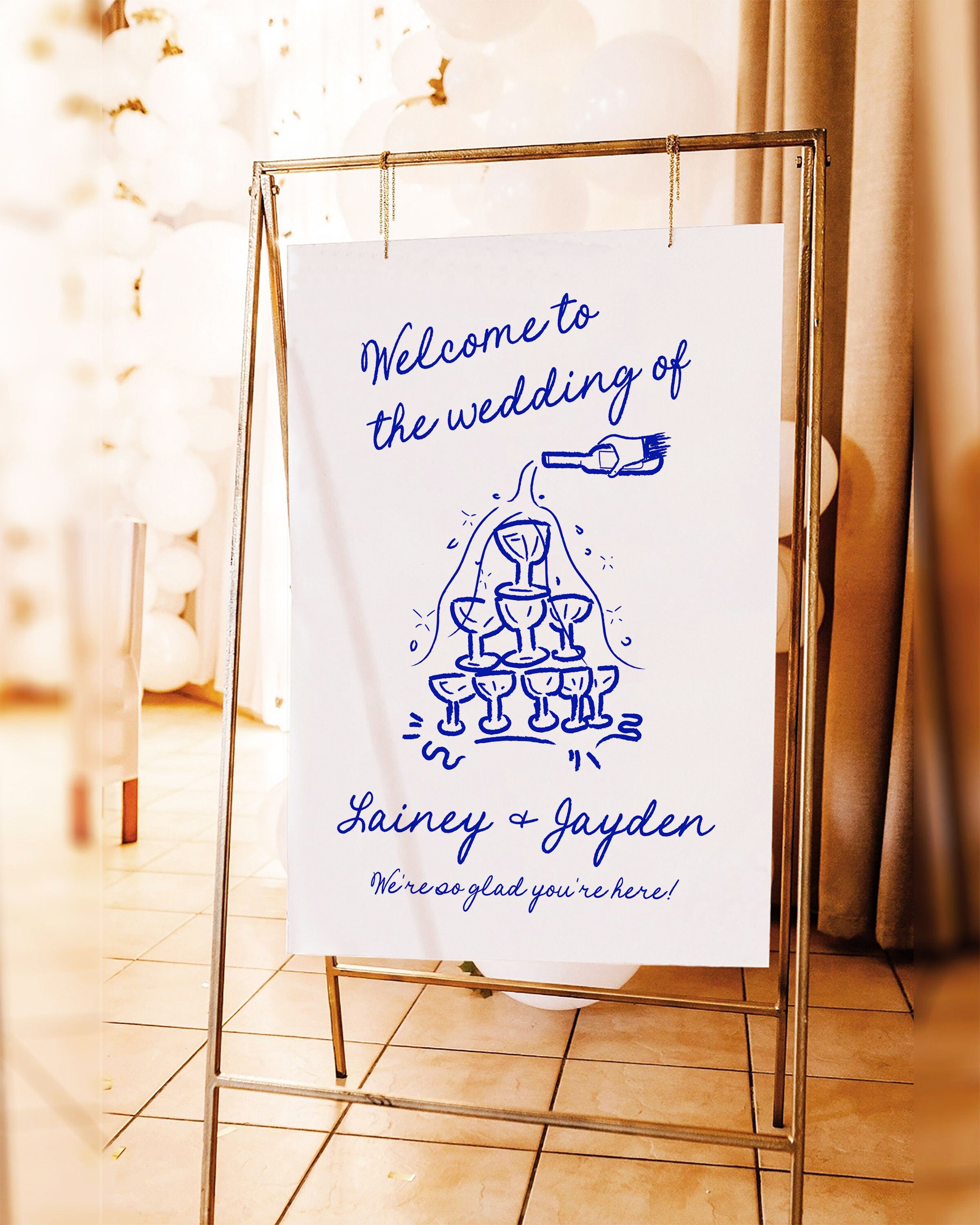 Handwritten Champagne Tower Wedding Welcome Sign Template, Scribble ...