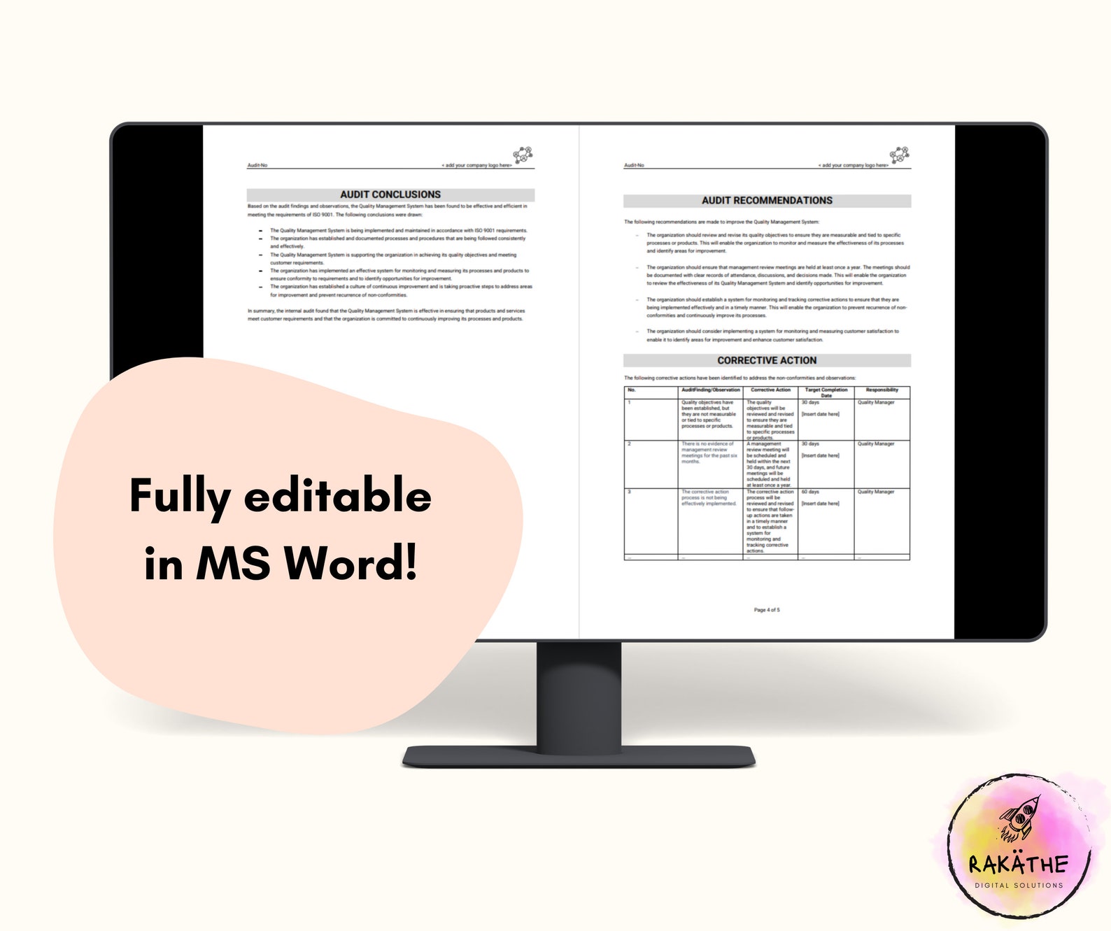 Internal Audit Report Template I ISO9001 I Quality Management System I ...