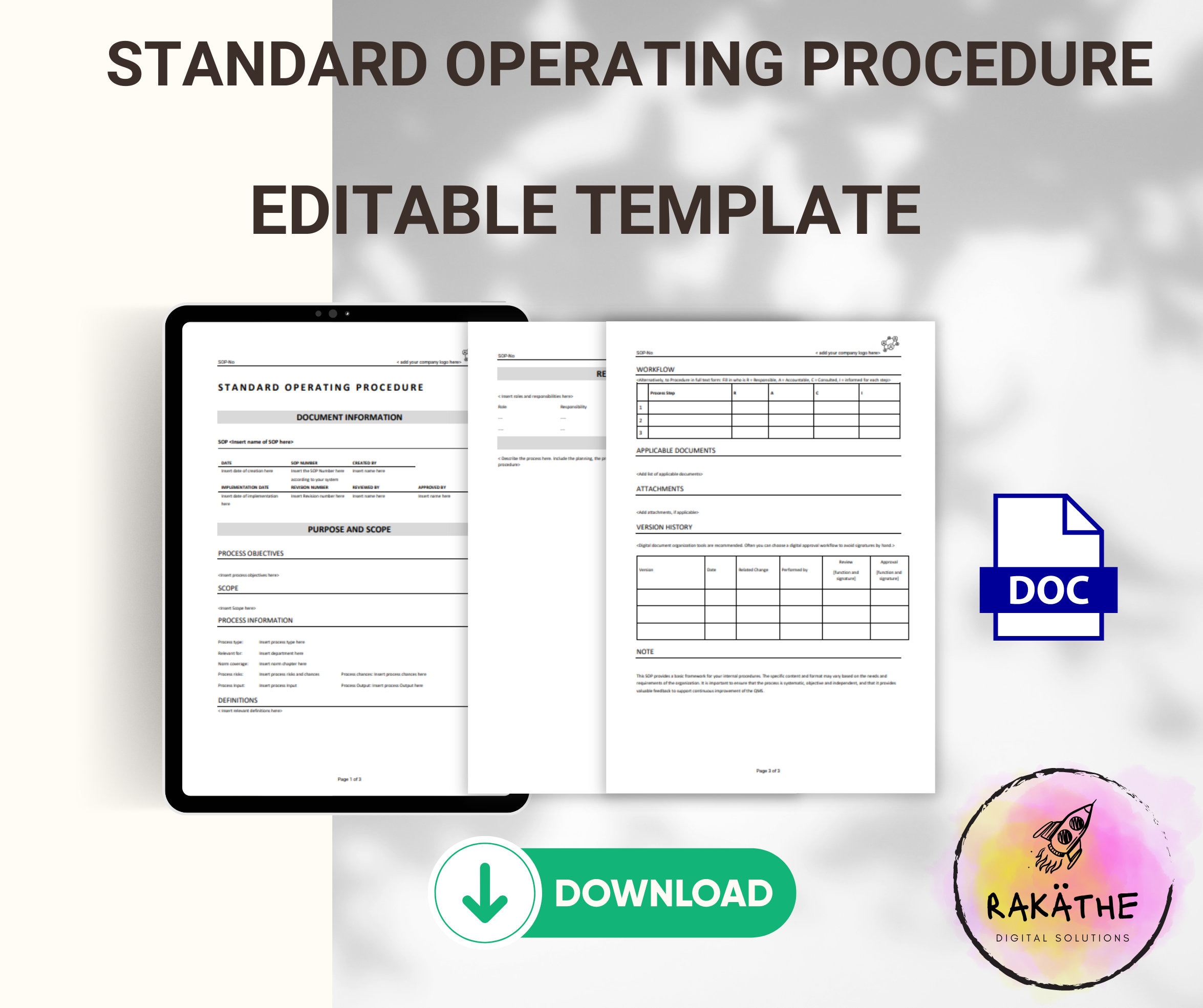 Standard Operating Procedure, SOP, Editable Word Template for Your ...