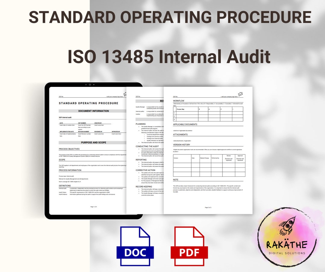 Standard Operating Procedure, SOP, Internal Audit, ISO13485, Template, Sample, Word, PDF, SOP ...