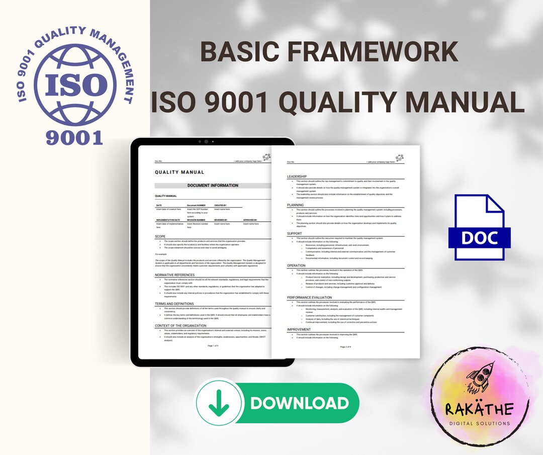 ISO 9001 Quality Manual Template, Editable Word Format (download) - Etsy