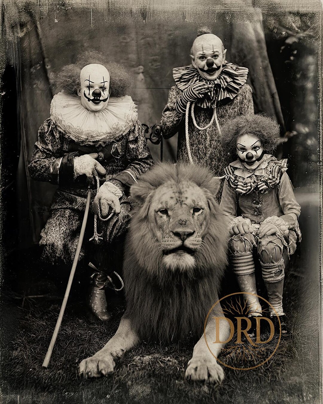 Victorian Circus Clowns With Lion – Creepy Vintage Carnival Photo Print ...