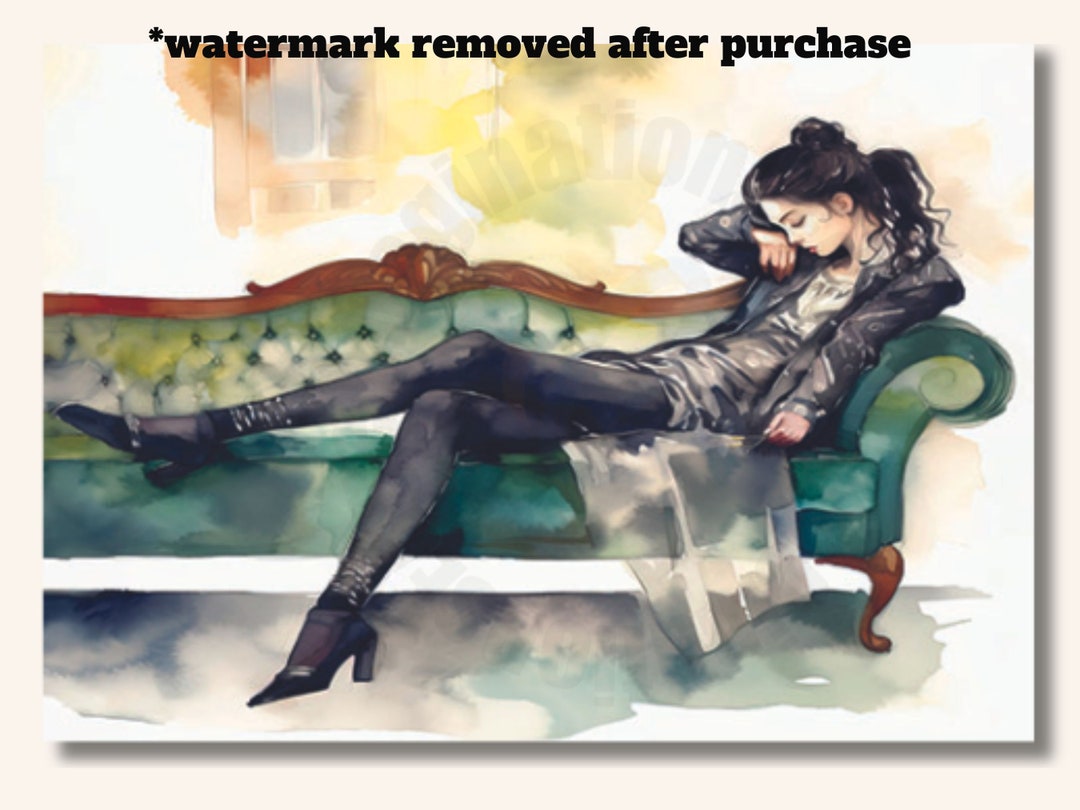 Vibrant Watercolor of Decadent Girl on Emerald Couch Parisian Fashion ...