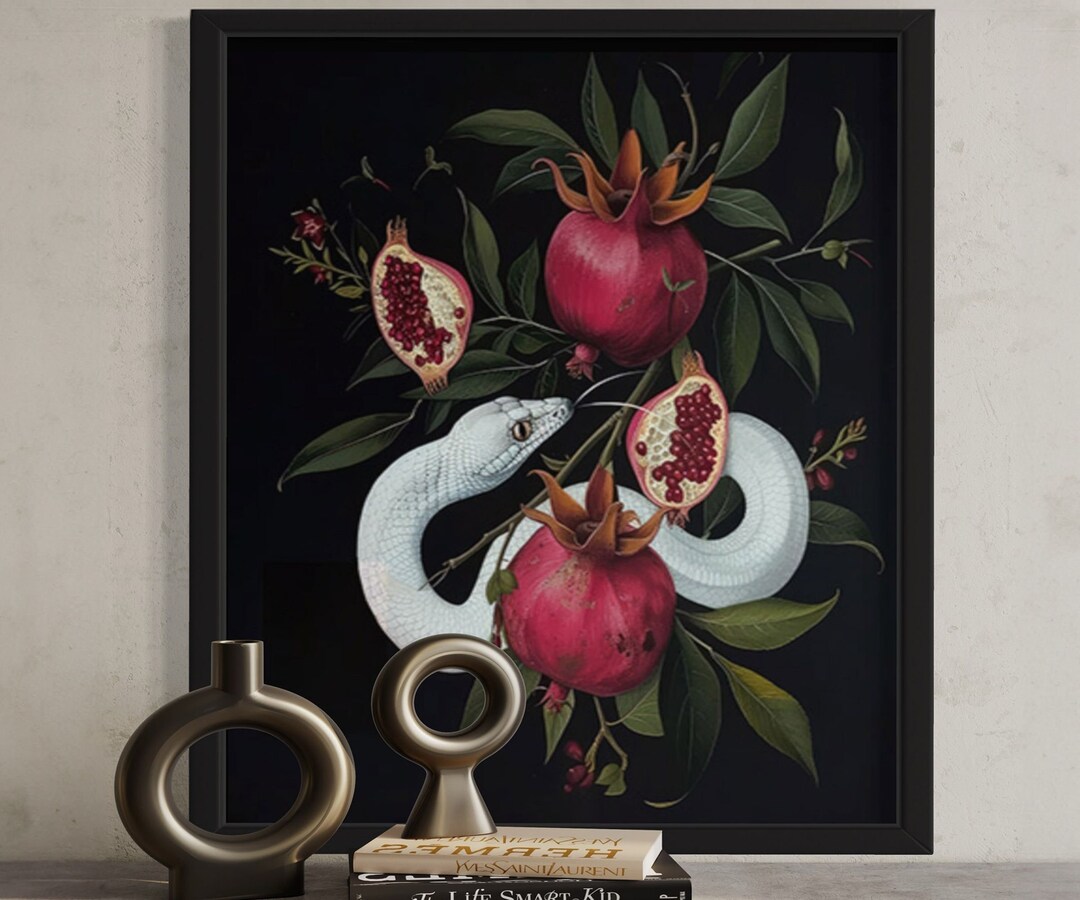 Albino Ball Python Snake Print W/ Pomegranate Moody Dark Academia Dark Cottegecore Witchy ...