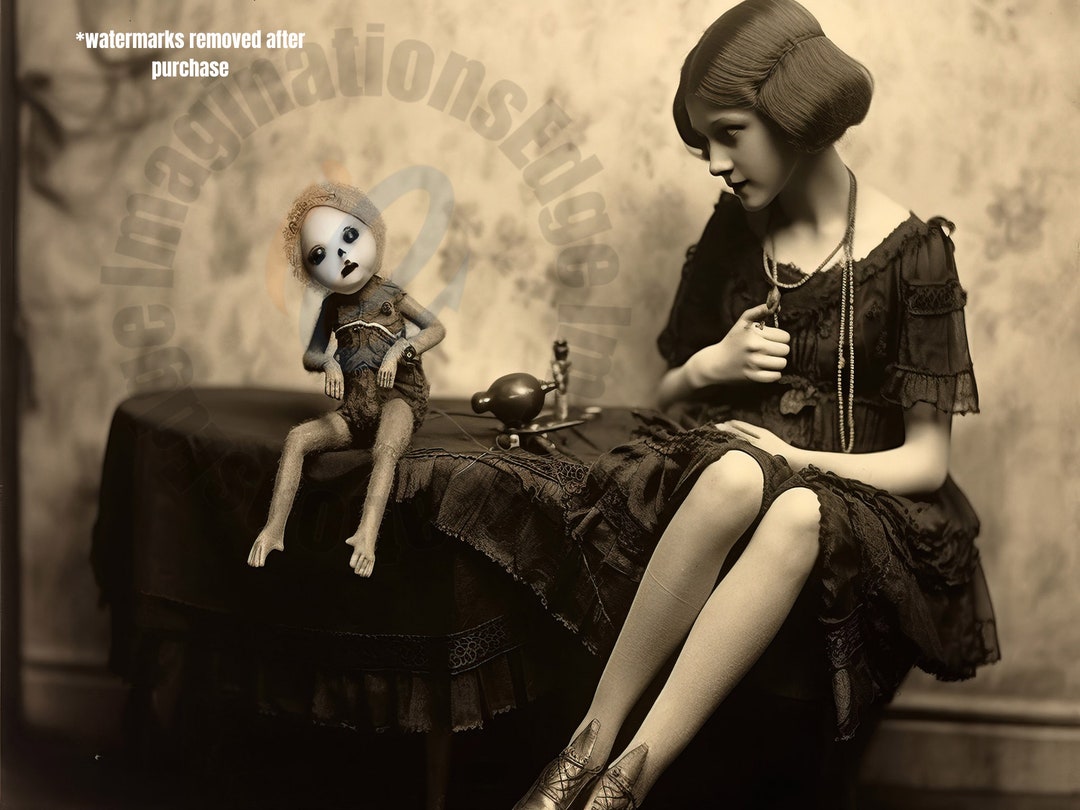 1920s Creepy Doll Vintage Horror Doll Print With Girl Digital Wall Art ...