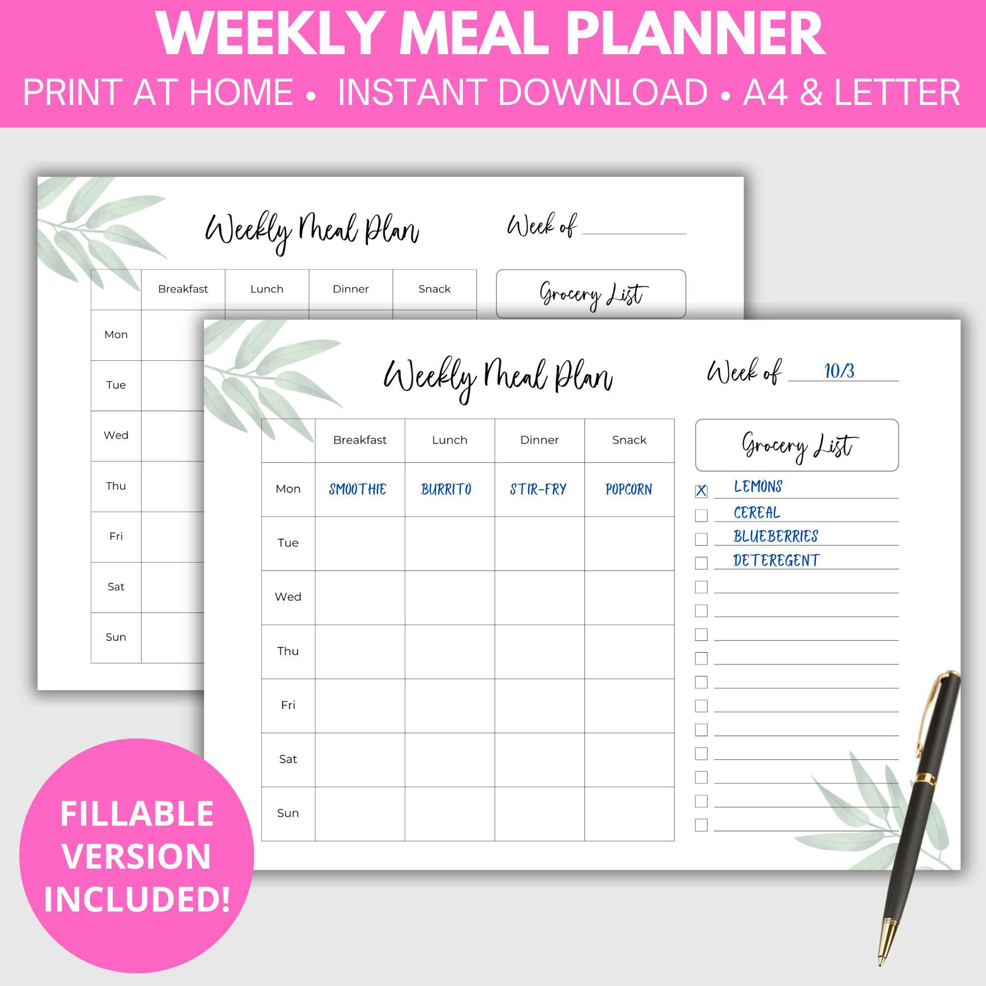 Weekly Meal Planner, Grocery List Printable, Fillable Meal Planner ...