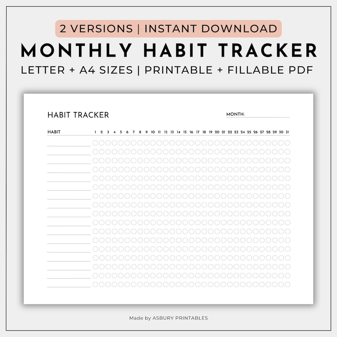 Monthly Habit Tracker Printable Landscape, Habit Tracker Template ...