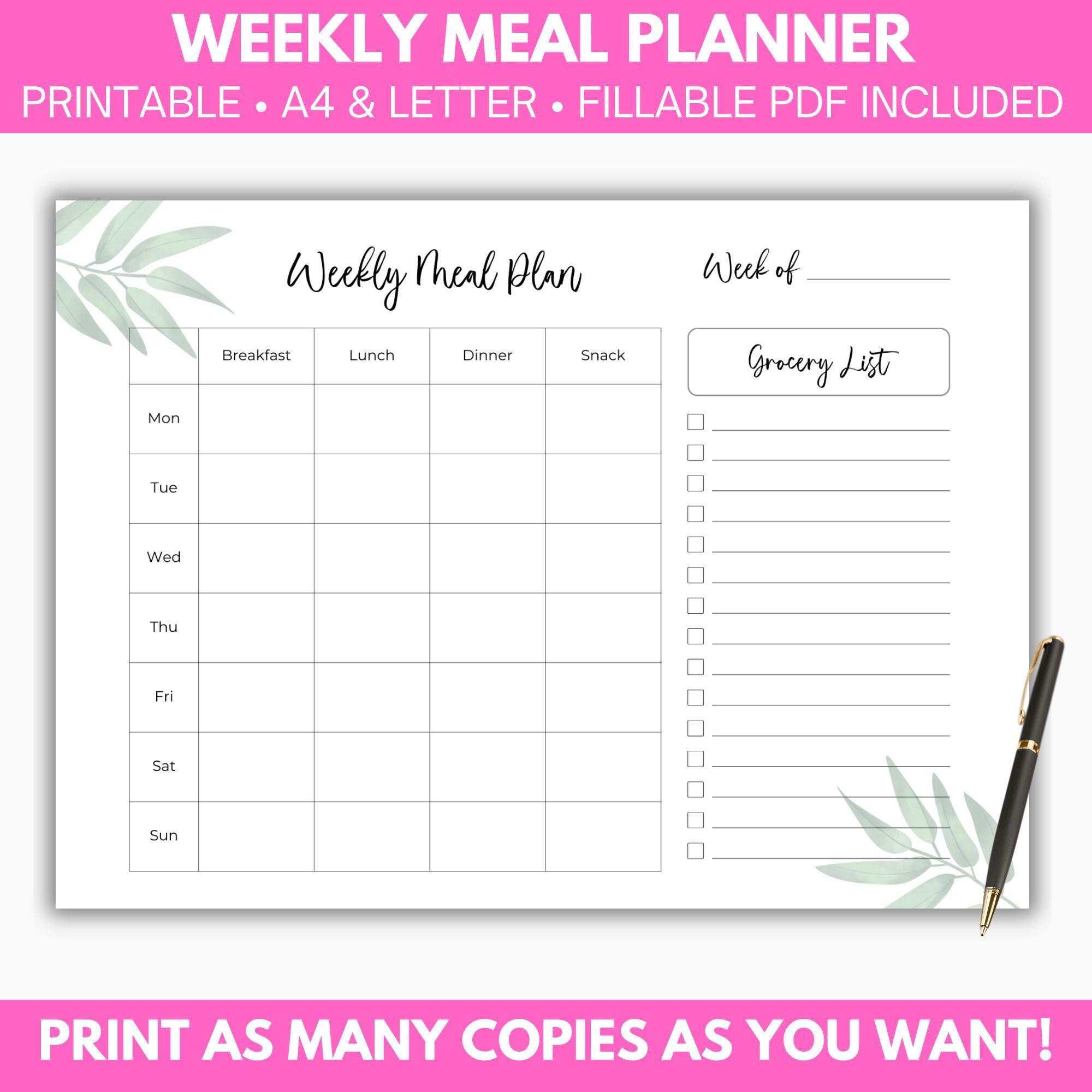 Weekly Meal Planner, Grocery List Printable, Fillable Meal Planner ...