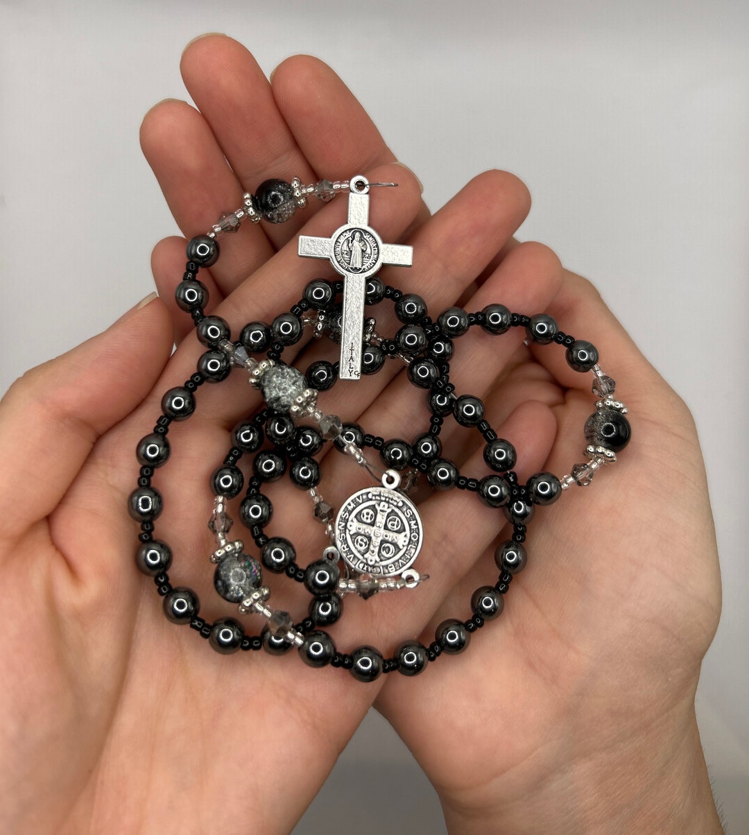 Men’s Rosary, Hematite Rosary, St. Benedict Medal, Gray Rosary, Stone ...