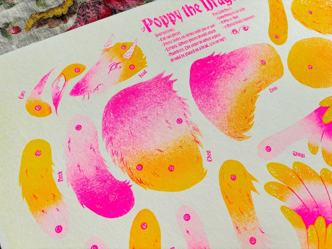 Dragon Paper Doll Craft Risograph Print - Etsy