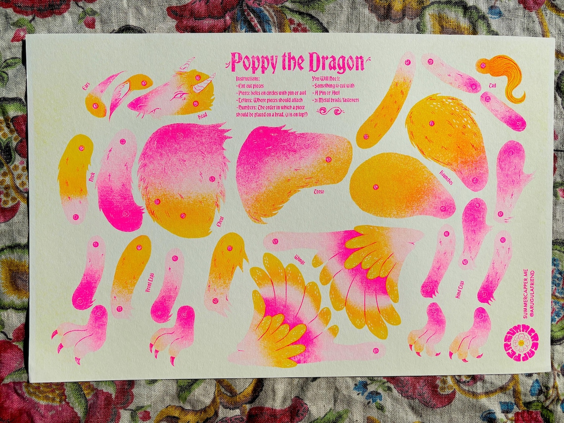 Dragon Paper Doll Craft Risograph Print - Etsy