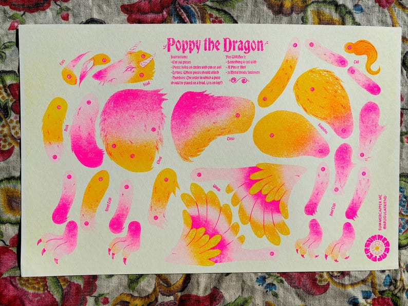 Dragon Paper Doll Craft Risograph Print - Etsy