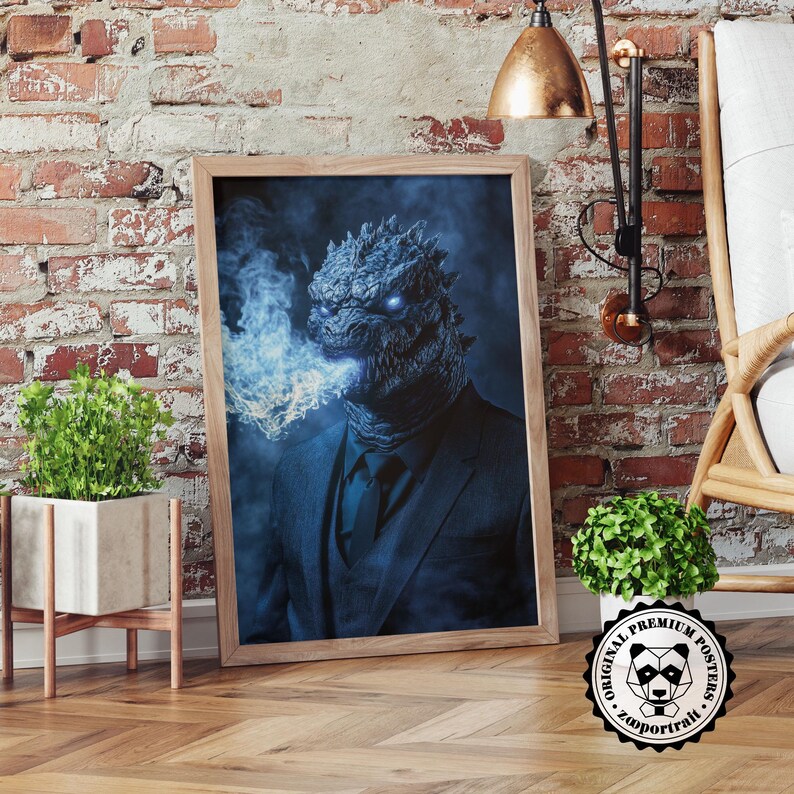 Poster of Godzilla in Suit Breathing Blue Fire, Vintage Monster ...