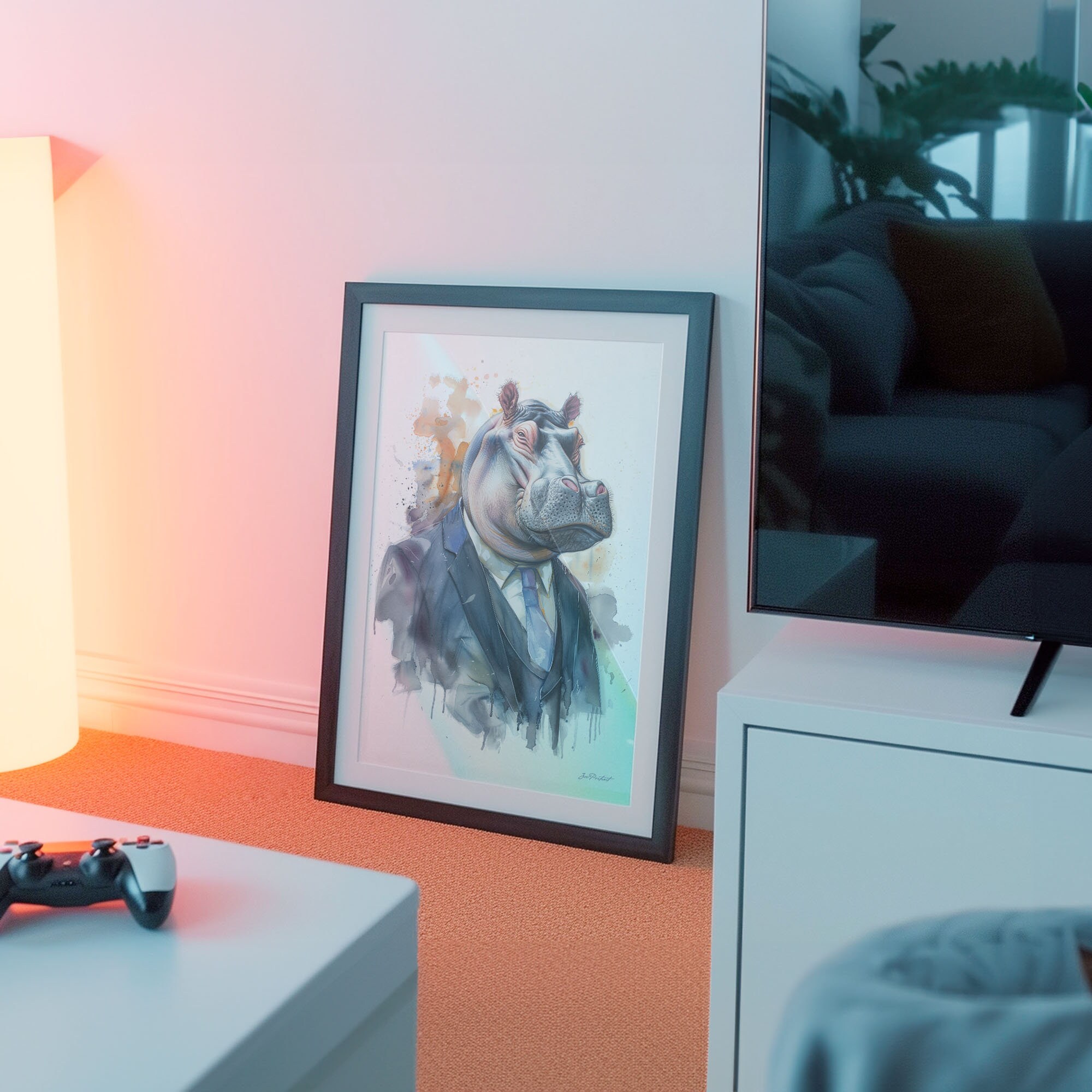 Hippopotamus Portrait Poster, Printable Watercolor Painting, Digital ...