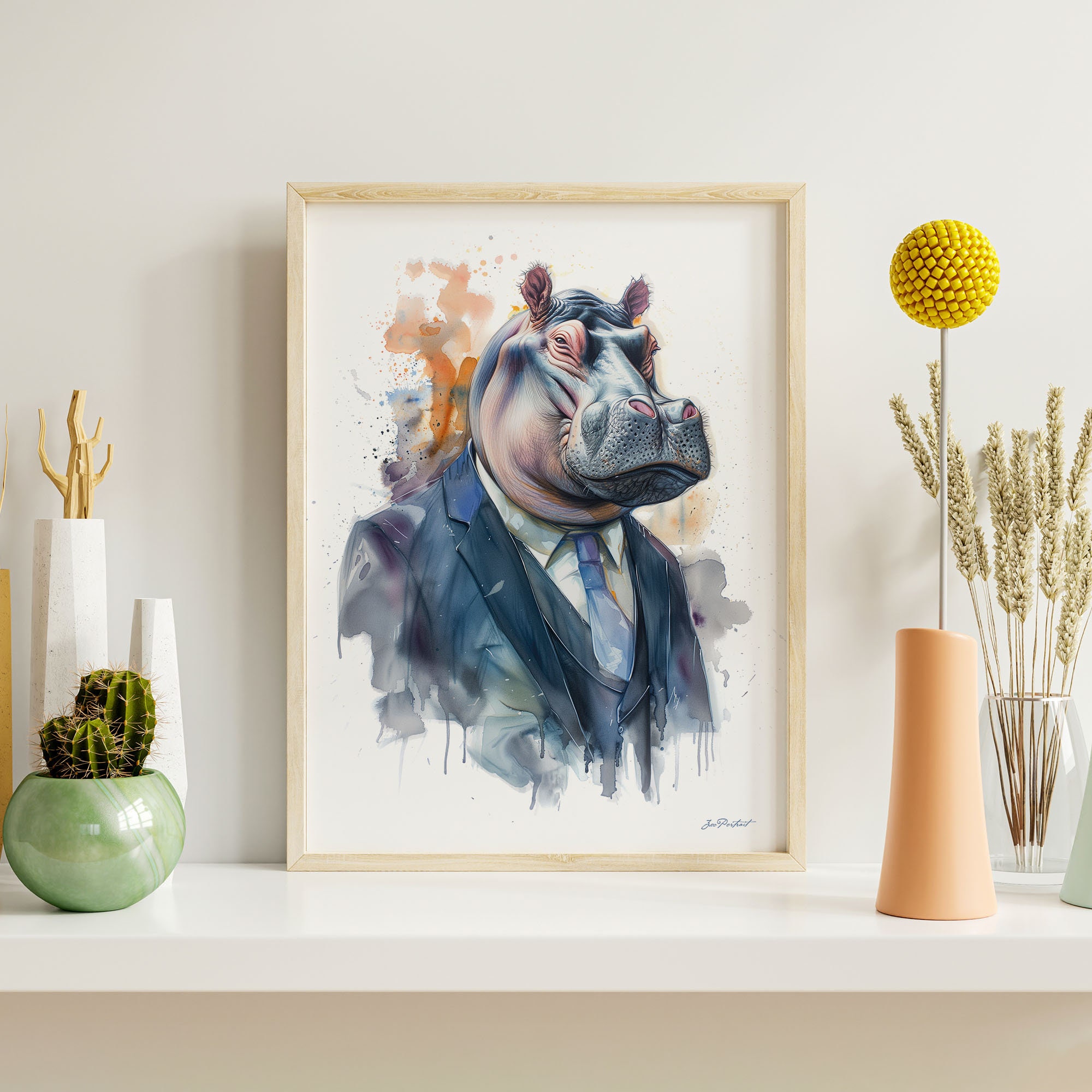 Hippopotamus Portrait Poster, Printable Watercolor Painting, Digital ...