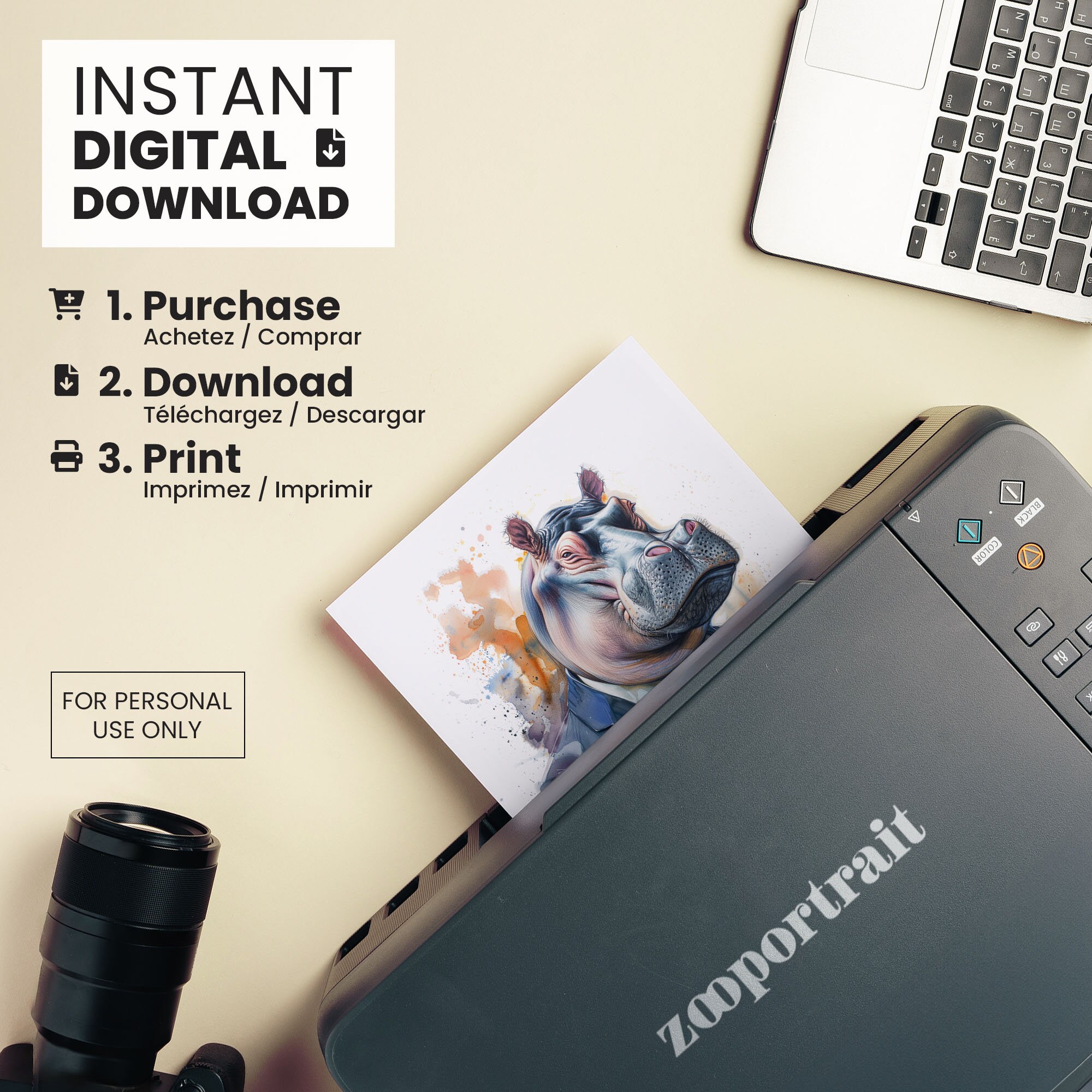 Hippopotamus Portrait Poster, Printable Watercolor Painting, Digital ...