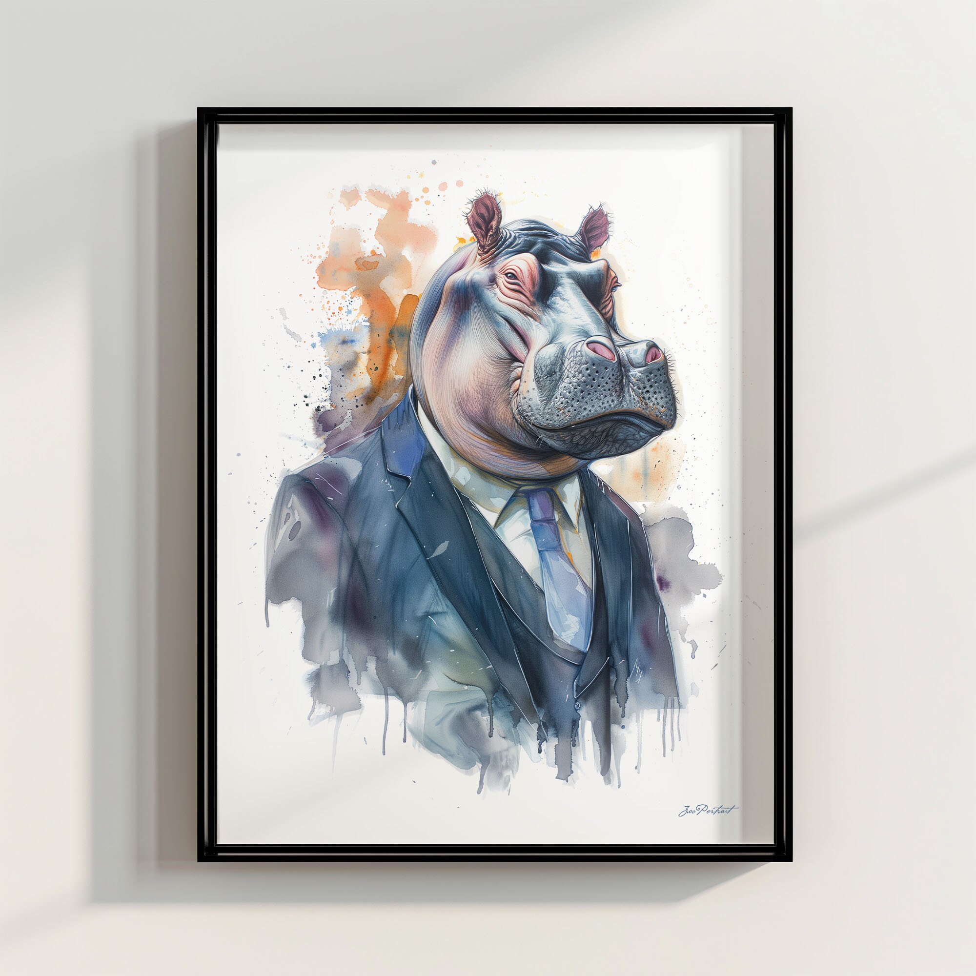 Hippopotamus Portrait Poster, Printable Watercolor Painting, Digital ...