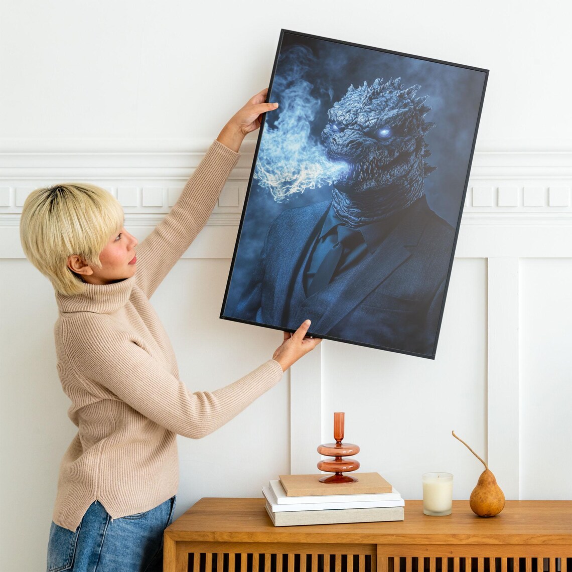 Poster of Godzilla in Suit Breathing Blue Fire, Vintage Monster ...