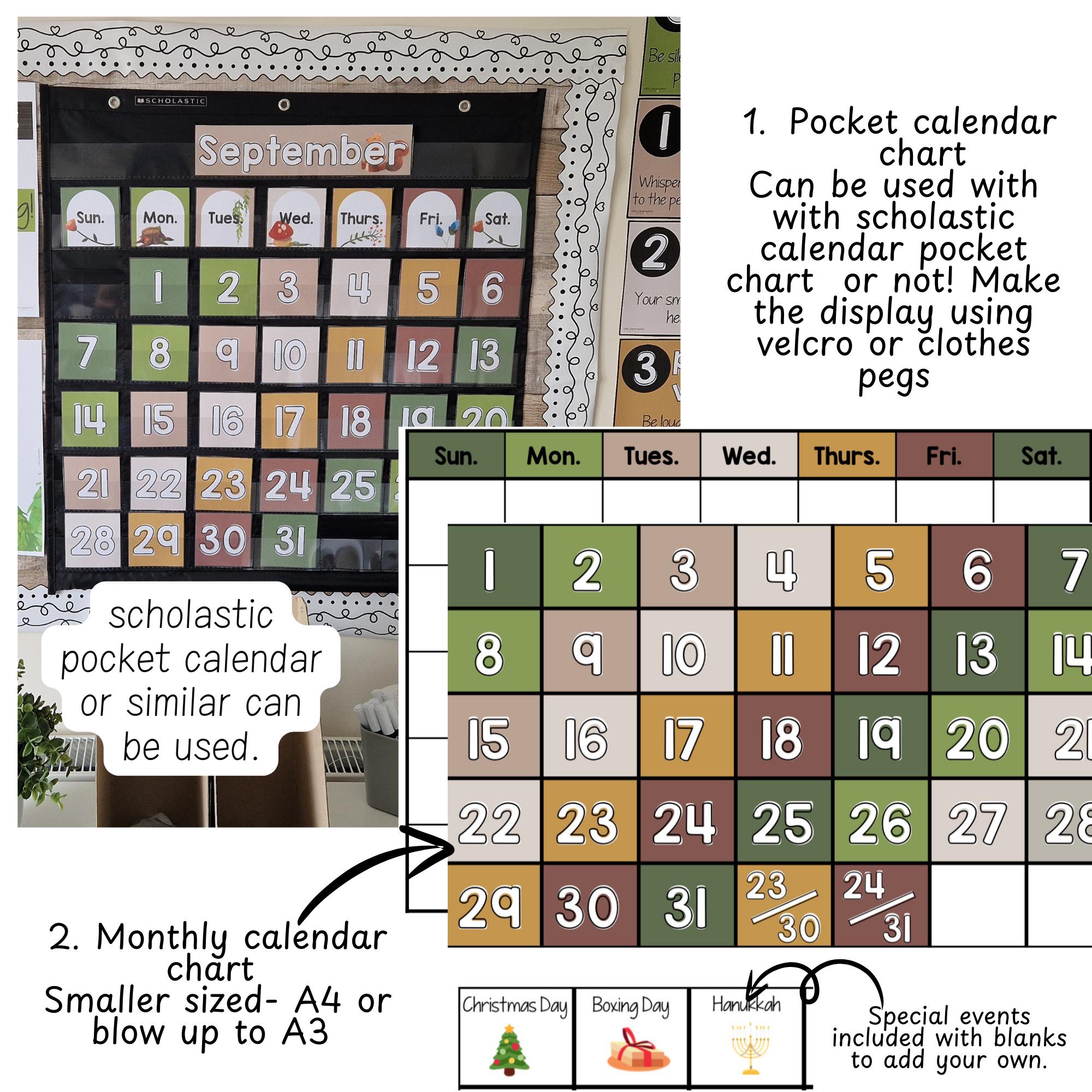 Woodland Calendar Chart, Pocket Calendar Chart Classroom Printable ...