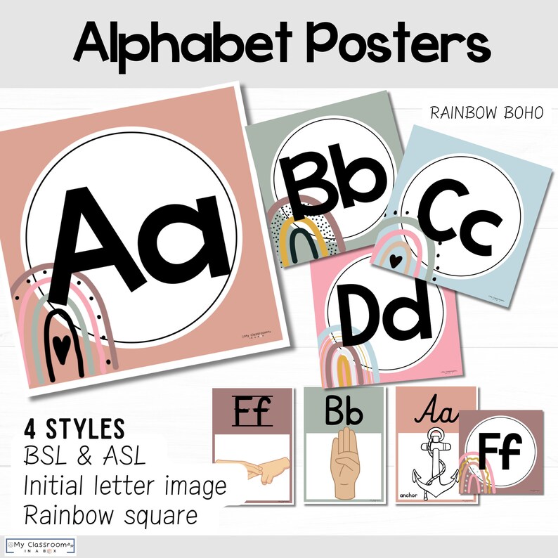 Rainbow Boho Alphabet Posters for Classrooms With British and American ...