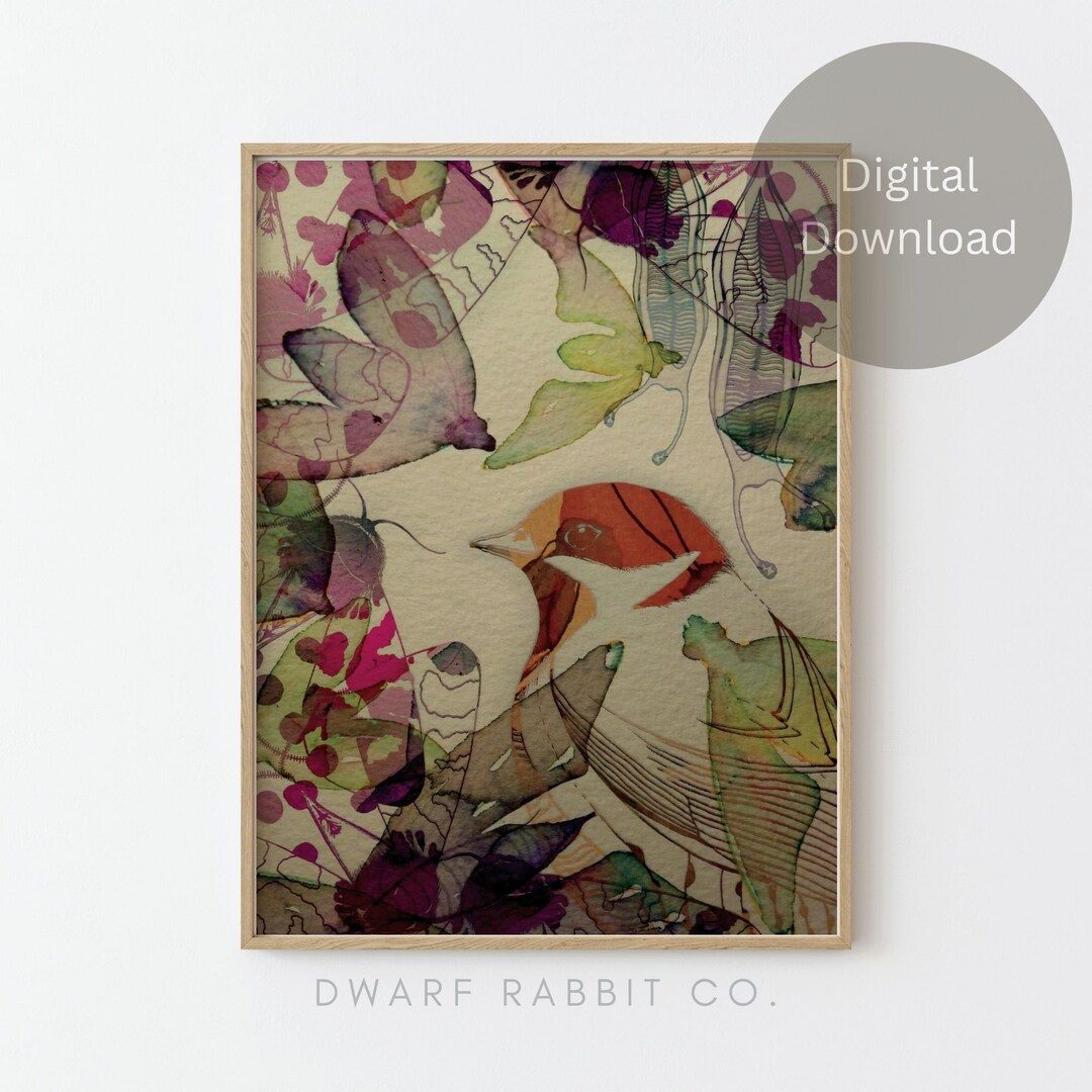 Watercolor Bird and Flowers Drawing, Bird and Botanical Sketch Wall Art ...
