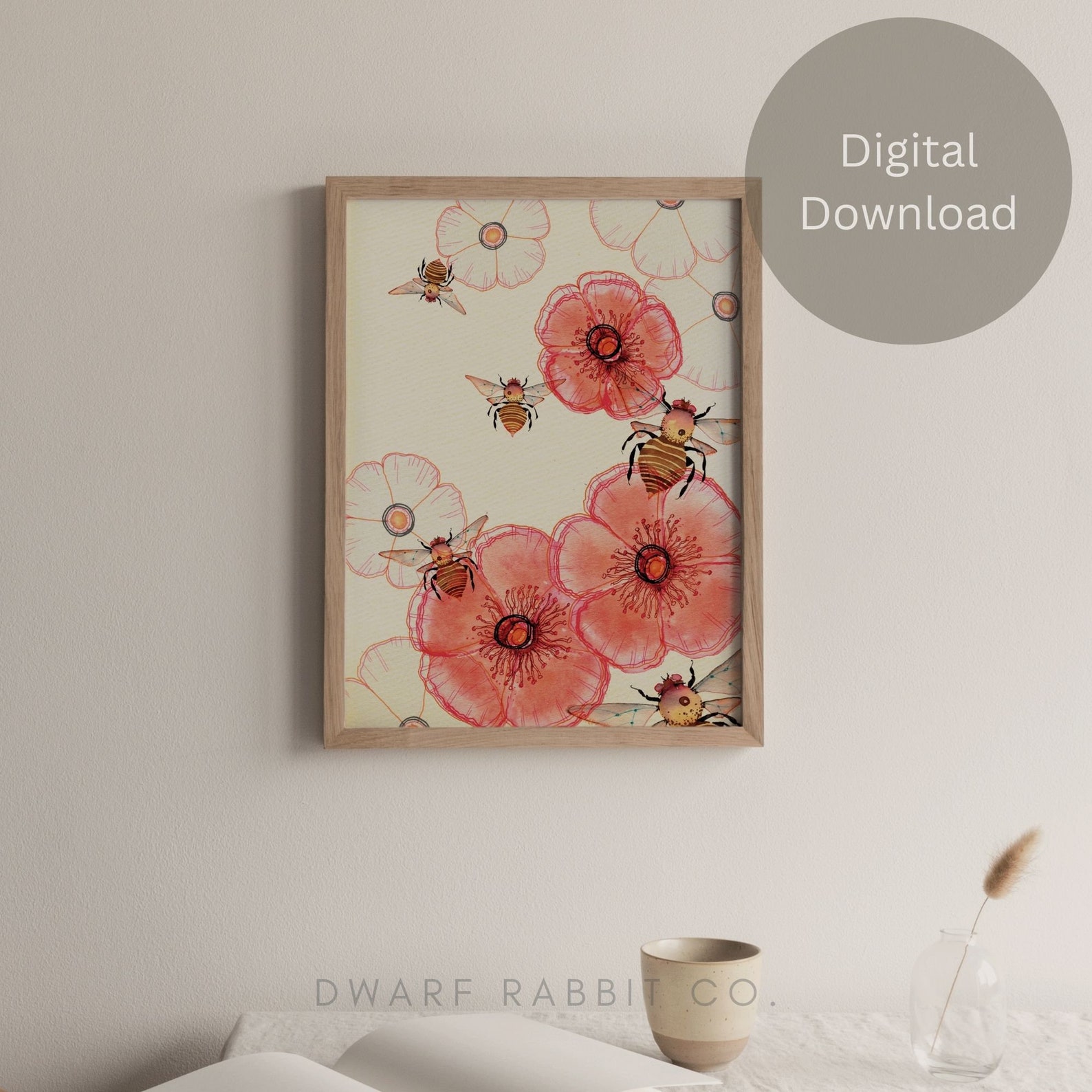 Watercolor Bees and Flower Drawing, Bees and Botanical Sketch Wall Art ...