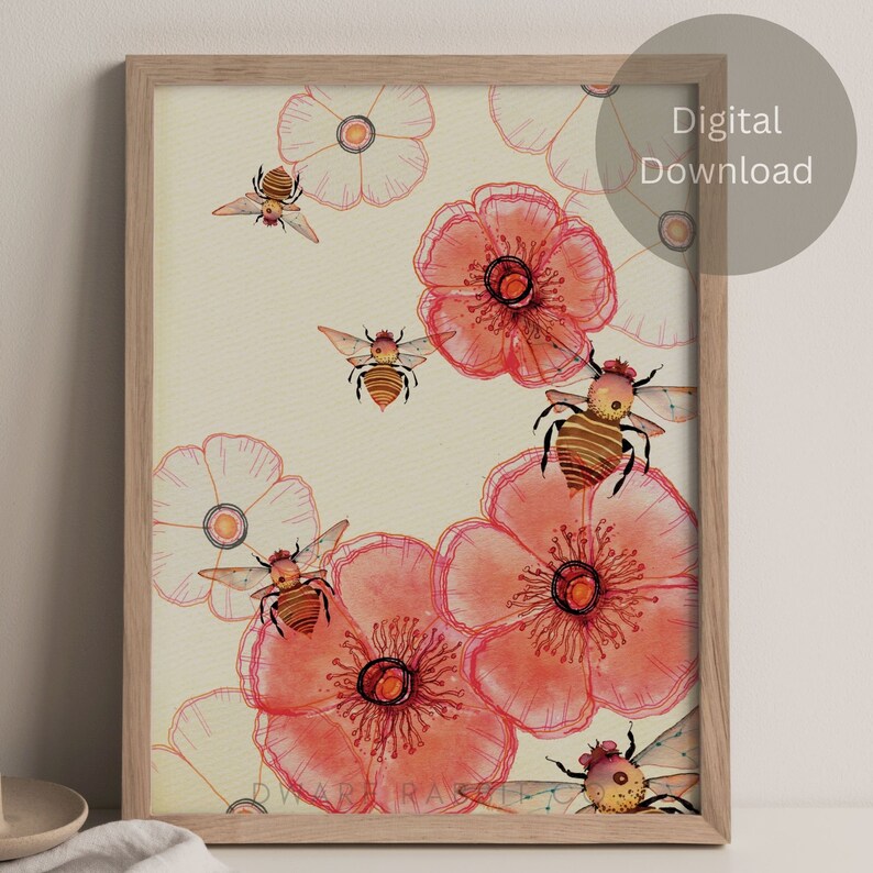 Watercolor Bees and Flower Drawing, Bees and Botanical Sketch Wall Art ...