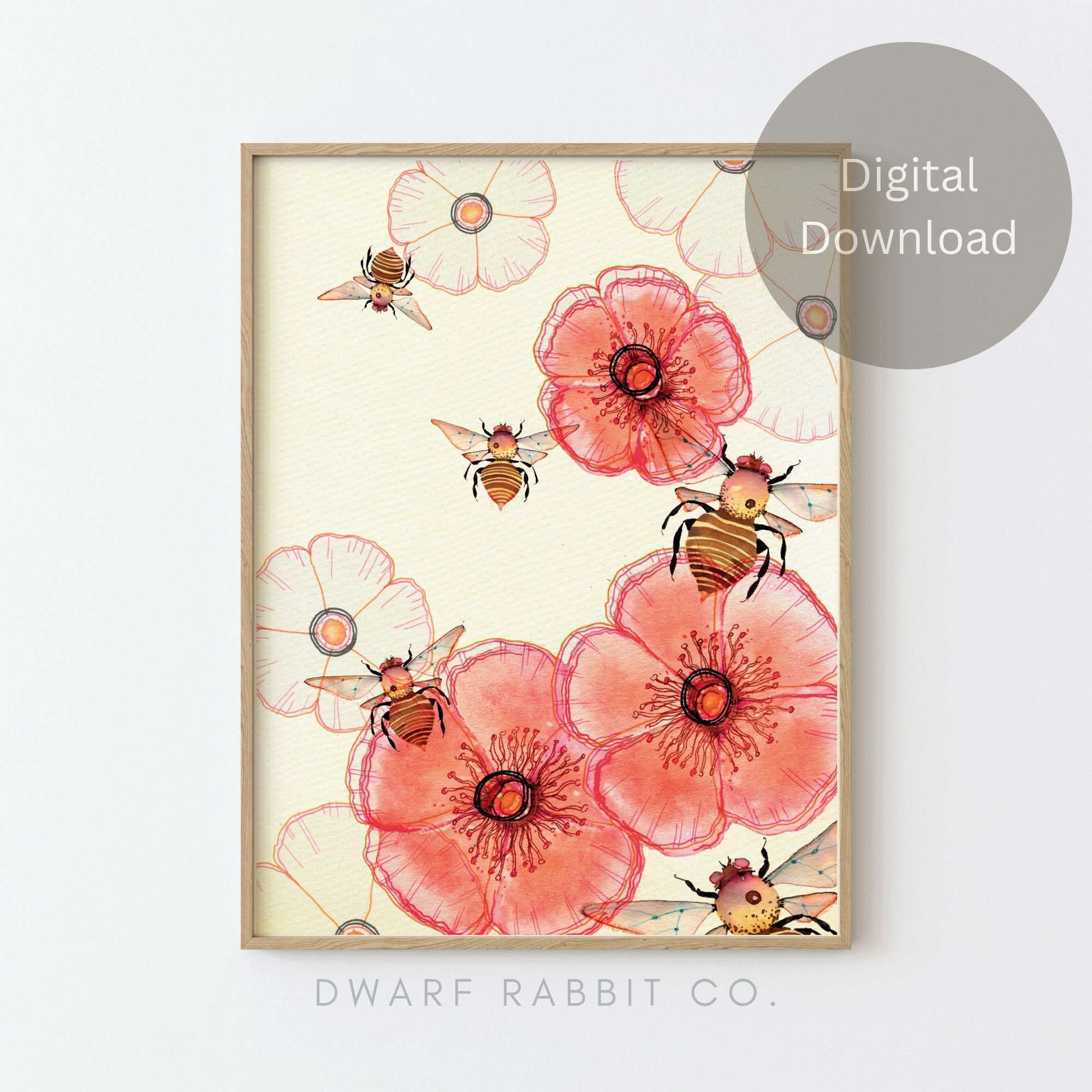 Watercolor Bees and Flower Drawing, Bees and Botanical Sketch Wall Art ...