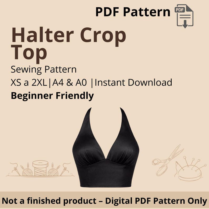 Halter Crop Top Sewing Pattern | Size XS to 2XL | Instant Download ...