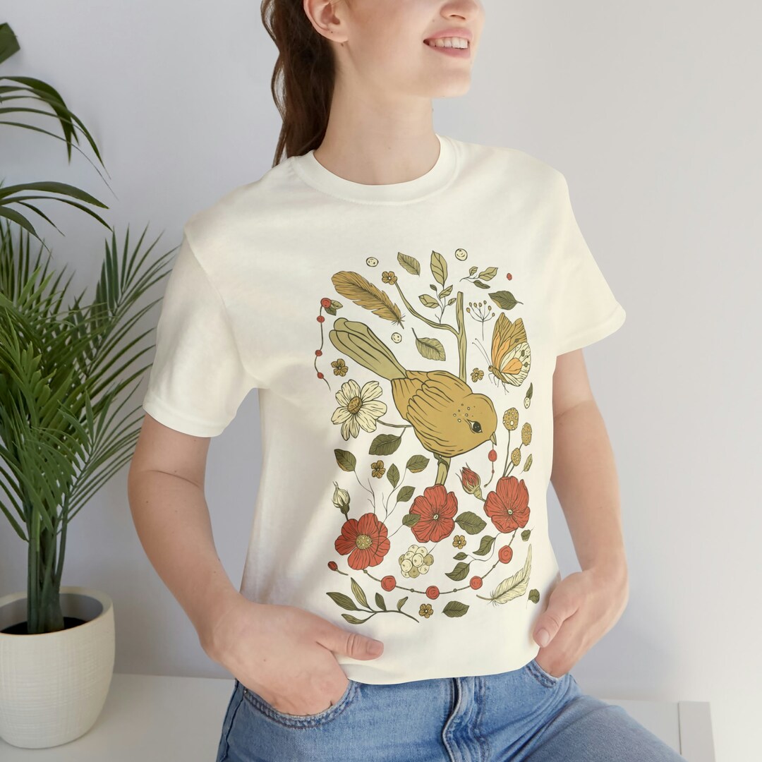 Botanical Bird Shirt Spring Merch Poppies and Sparrows - Etsy