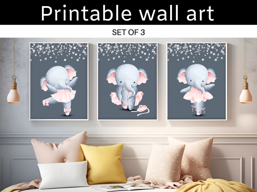 Blush Pink Ballerina Elephant Nursery Wall Art Set of 3 - Watercolor ...