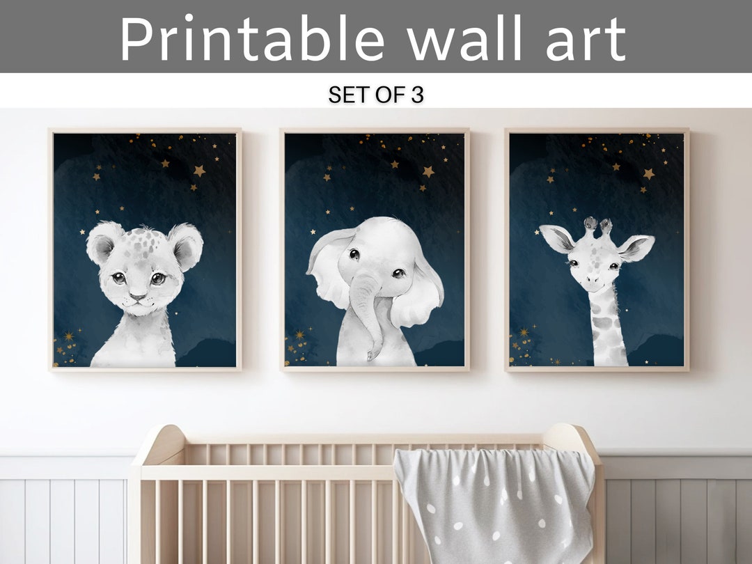 Safari Nights: Set of 3 Starry Night Sky Animal Nursery Prints - Black ...