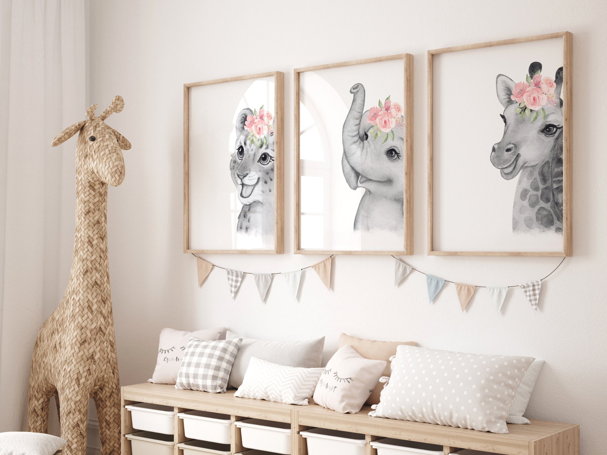 Animal Nursery Prints Boho Floral Set of 3 Black and White Safari ...