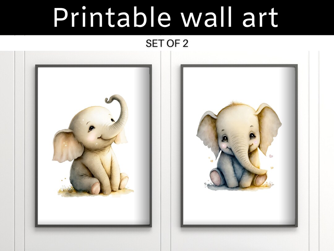 Watercolor Elephant Nursery Wall Art Set of 2, Grey Elephant Wall Art ...