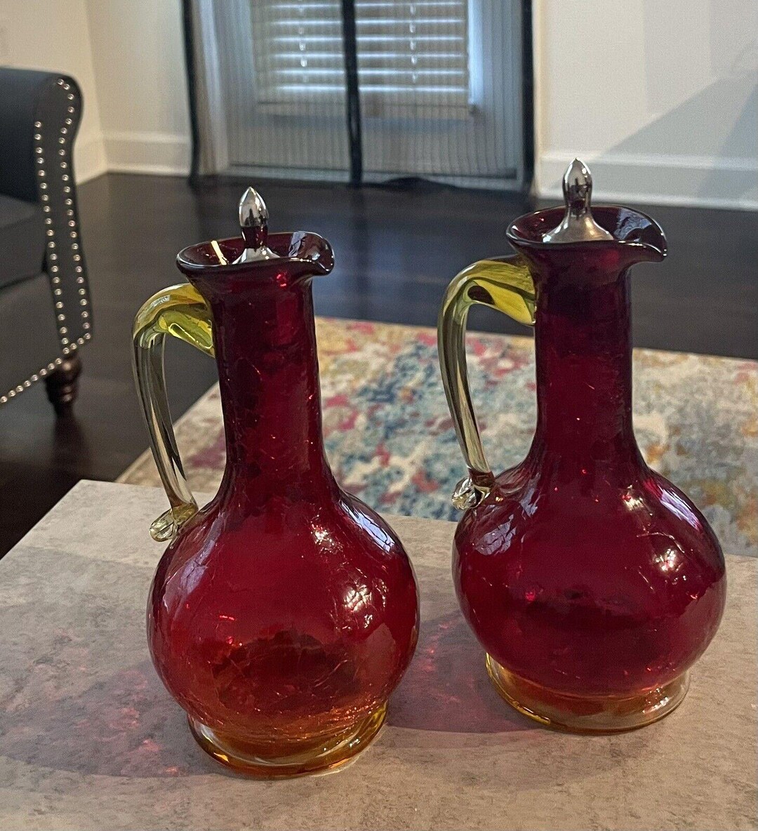 Vintage Red Amberina Kanawha Crackle Glass Cruet Bottles W/chrome Cork ...