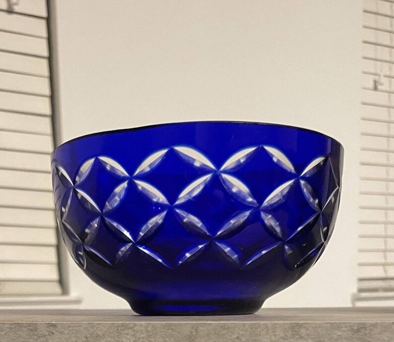 Vintage Cobalt Blue Bohemian Cut to Clear Glass Bowl - Etsy
