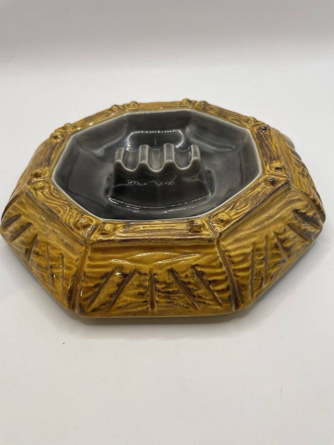 MCM - 1970s Ceramic Octagon Ashtray in Mustard/gold & Gray W/ 3 Slot ...