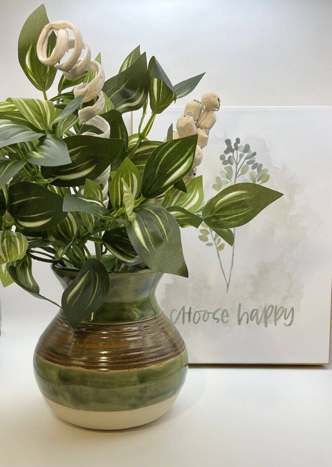 Studio Art Pottery Vase Hand Painted in Green With Textured Brown ...