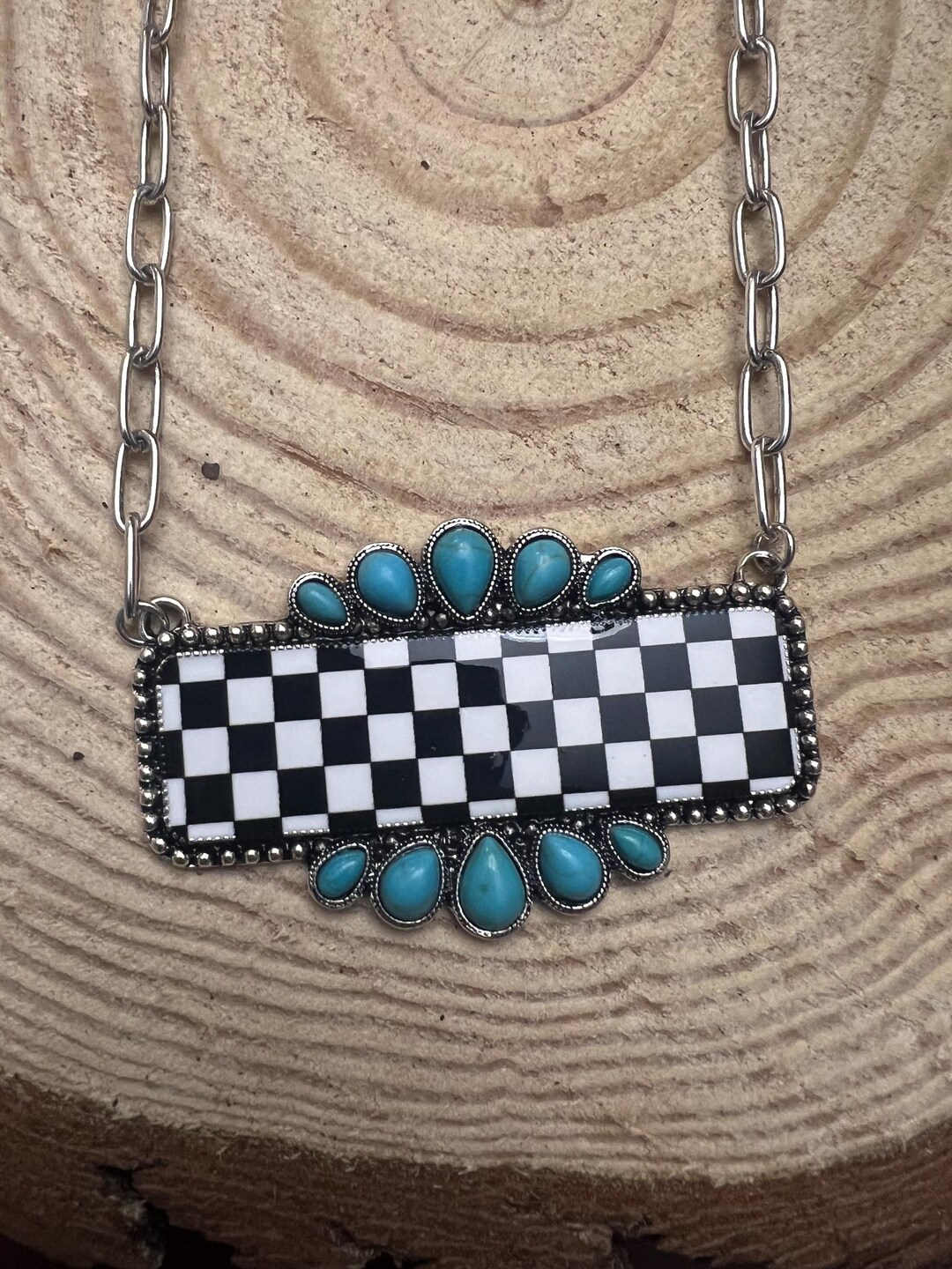 Checkered Bar Necklace With Faux Turquoise - 18 Inch Necklace - Etsy
