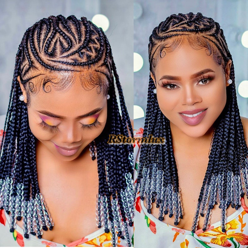 Fulani Cornrow Braided Wig For Black Women Short Beaded Full Etsy