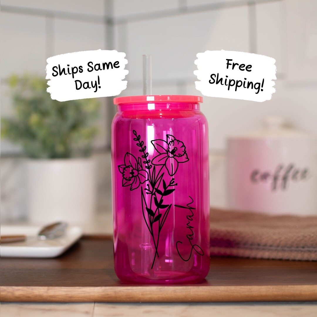 Personalized Birth Flower Iced Coffee Cup With Name Glass Tumbler With ...