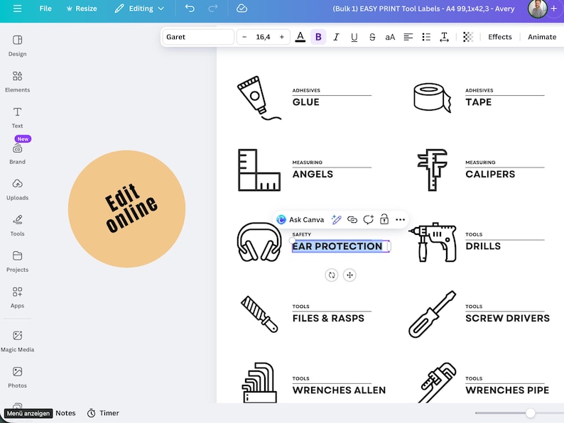 Tool Organization Labels, Printable Workshop Toolbox Stickers, Editable ...