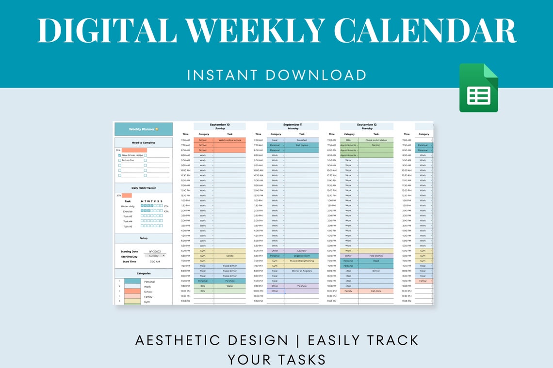 Digital Weekly Planner | Digital Planner | Google Sheets Template ...