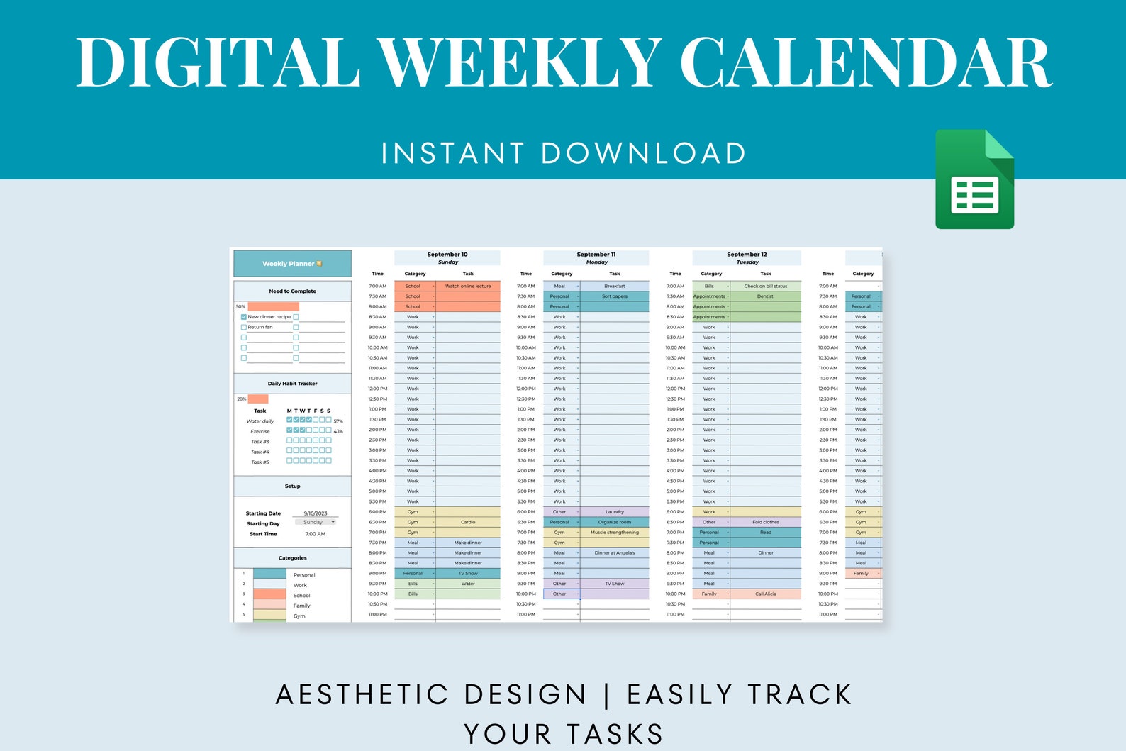 Digital Weekly Planner | Digital Planner | Google Sheets Template ...