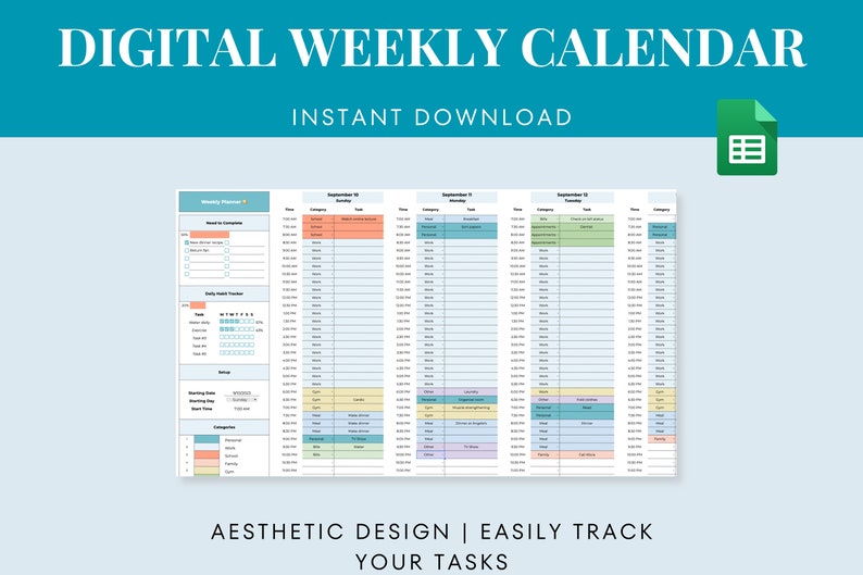 Digital Weekly Planner | Digital Planner | Google Sheets Template ...