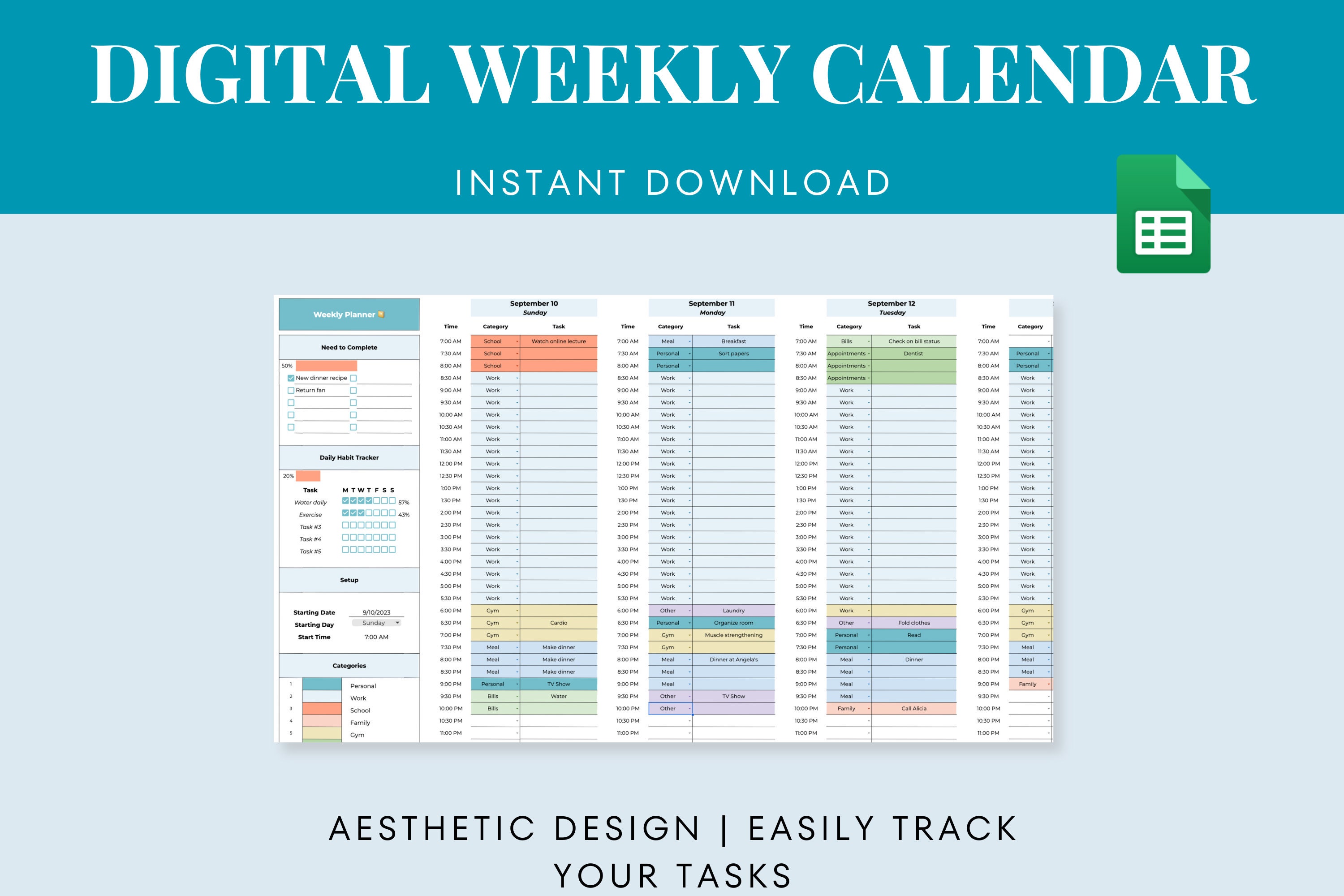 Digital Weekly Planner | Digital Planner | Google Sheets Template ...